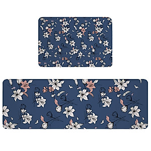 Kitchen Rugs Sets 2 Pces, Vintage Floral Print Elegant Flower Navy Blue Floor Mats Non Skid Door Rugs Runner Rug for Bathroom, Living Room, Laundries, Bedside, Bedroom