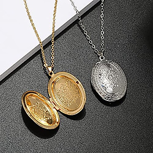 COLORFUL BLING 14k Gold Silver Women Romantic Heart Locket Necklace Engraved Flower Oval Hold Photo Picture Pendant Living Memory Jewelry-gold oval square