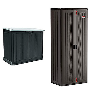Keter Store-It-Out Prime 4.3 x 2.3 Foot Resin Outdoor Storage Shed, Perfect, Yard Tools, and Pool Toys, Black & Suncast Commercial 19 Cubic Ft. Heavy-Duty Resin Cabinet, Black
