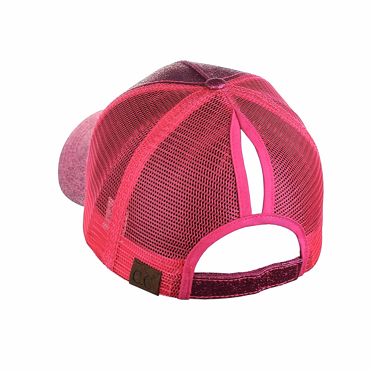 C.C Ponycap Messy High Bun Ponytail Adjustable Glitter Mesh Trucker Baseball Cap, Hot Pink