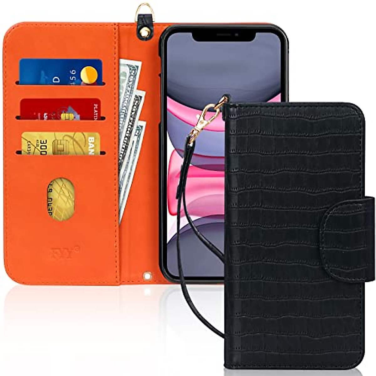 FYY Compatible with iPhone 11 Case, [Kickstand Feature] Luxury PU Leather Wallet Case Flip Folio Cover with [Card Slots] and [Note Pockets] Case for iPhone 11 6.1" Crocodile Black
