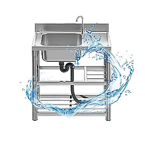 Free Standing Commercial Restaurant Kitchen Sink,Commercial/Industrial Sink,Stainless Steel Utility Sink w/Faucet, Stainless Steel 1 Compartment Utility Sink ( Color : Hot and cold , Size : LEFT_80*50