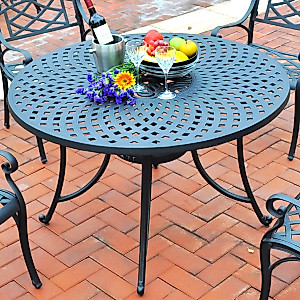 Crosley Furniture Sedona 46" Round Cast Aluminum Outdoor Dining Table with Umbrella Hole for Outside Patio, Black