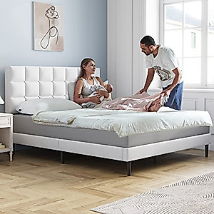 Molblly Queen Bed Frame Upholstered Platform with Headboard and Strong Wooden Slats,Non-Slip and Noise-Free,No Box Spring Needed, Easy Assembly,White