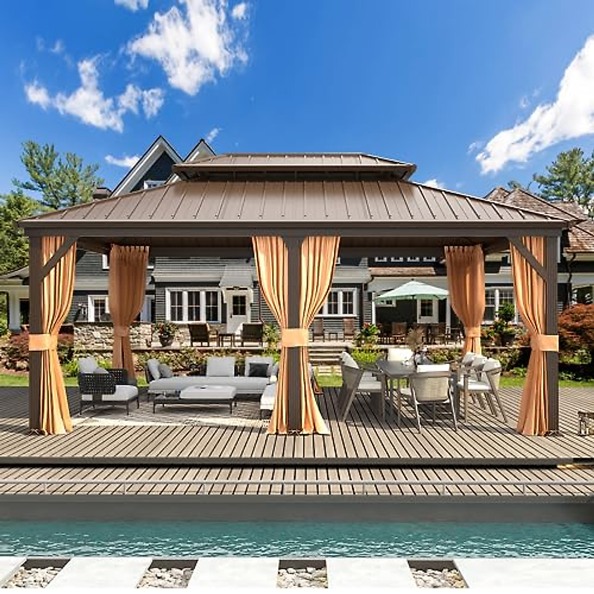 MELLCOM 12'x18' Hardtop Gazebo, Galvanized Steel Metal Double Roof Aluminum Gazebo with Curtain and Netting, Brown Permanent Pavilion Gazebo for Patio, Lawn & Garden