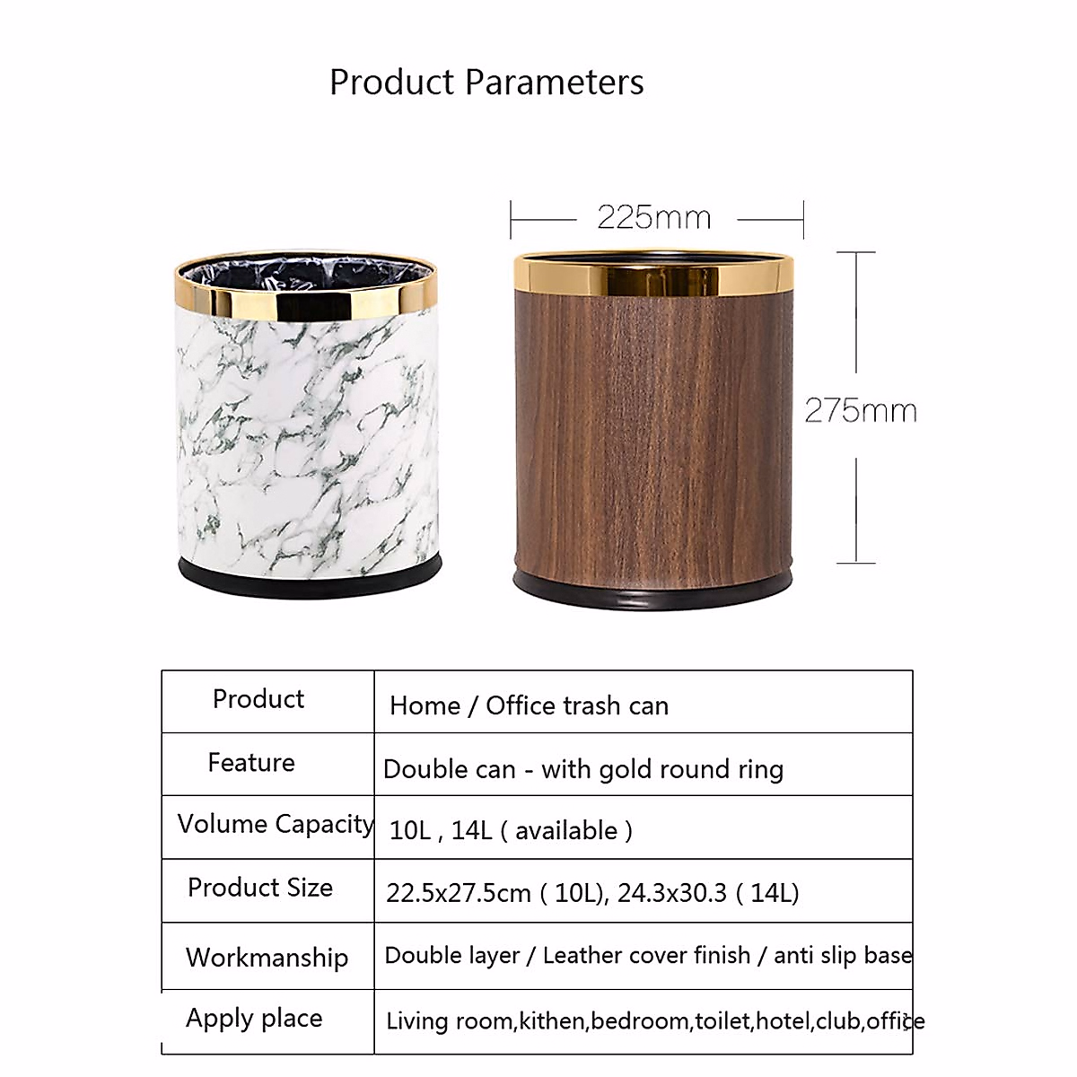 GohomeLoby Metal Trash Can, Double Cans Top Open Without Lid Waste Bin Hotel Office Wastebasket (Walnut Leather Silver Ring)