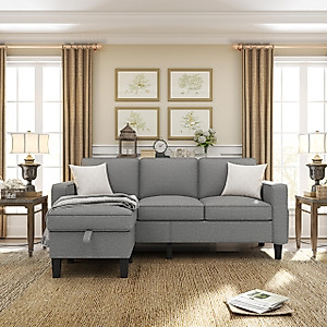 ZeeFu Convertible Sectional Sofa Couch: 78'' Light Gray 3 Seat L-Shaped Sofa Couches with Storage Ottoman - Modern Linen Fabric Upholstered Furniture Sofa for Living Room Office Small Space Apartment