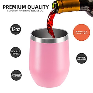 FristChoice 12 oz Insulated Wine Tumbler with Lid and Straw,Stainless Steel Stemless Wine Tumbler Glasses Double Wall Vacuum Wine Cups Tumbler Bulk for Coffee,Champaign,Cocktail,Office（Pink,1）