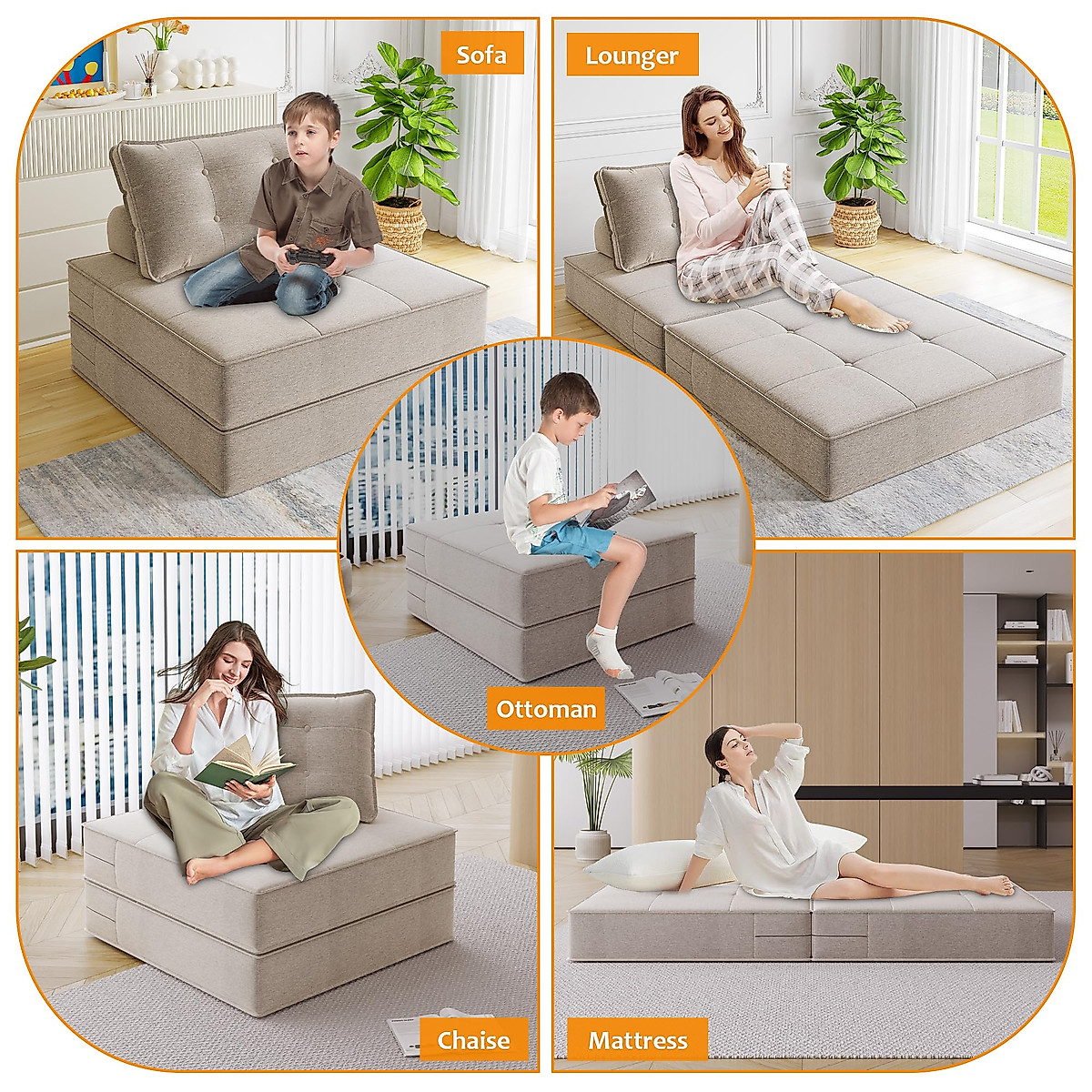 SKKTKT Folding Sofa Bed with Back Support, Large Convertible Sleeper Chair Floor Couch with Pillow, Foldable Mattress Portable Chair Bed Floor Sofa Lounge for Living Room Bedroom Apartment (Beige)