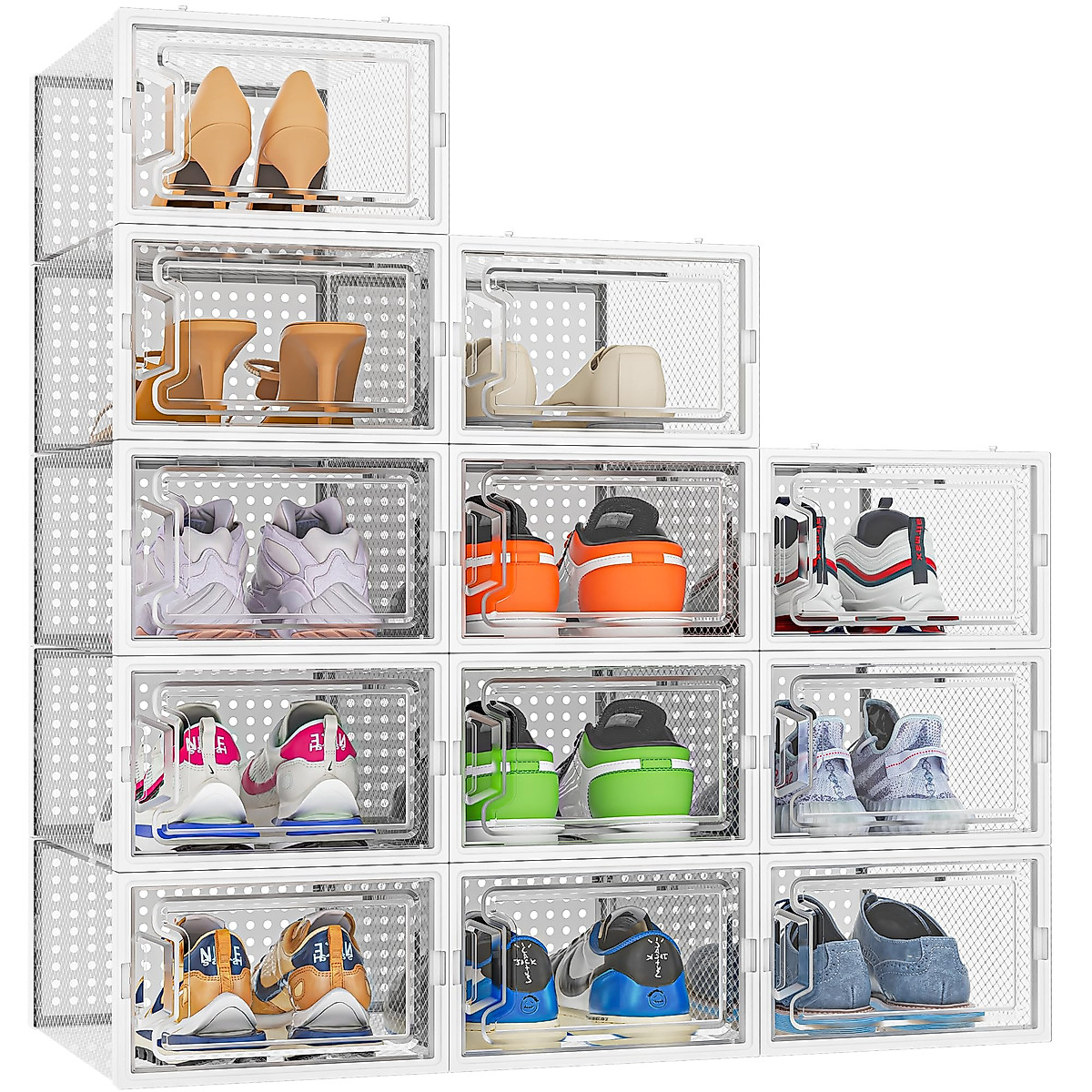 HOMIDEC 12 Pack Shoe Storage Box, Shoe Organizer for Closet, Clear Plastic Stackable Shoe Box, Foldable Shoe Rack Shoe Organizer for Closet Under Bed Entryway(White)