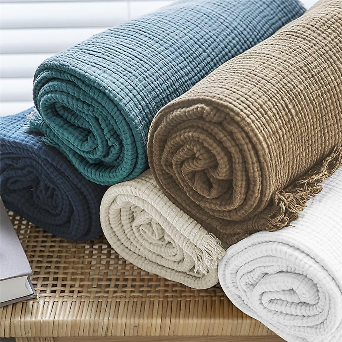 Muslin Throw Blanket, 4-Layer Soft & Breathable Gauze Summer Throw Blanket for Bed, Couch, 50"X60" Lightweight Teal Throw Blanket with Tassels, All Season