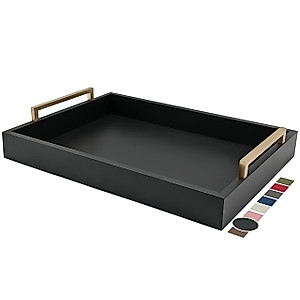 Montecito Home Decorative Coffee Table Tray - Ottoman Tray - Breakfast, Drinks, Liquor Serving Platter - from Farmhouse to Modern - Matte Finish - Champagne Gold Handles - Pitch Black Tray
