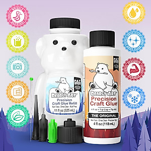 Bearly Art Precision Craft Glue -The Bundle - 4fl oz and 11fl oz Refill Bear - Tip Kit Included - Wrinkle Resistant - Flexible and Crack Resistant - Strong Hold Adhesive - Made in USA