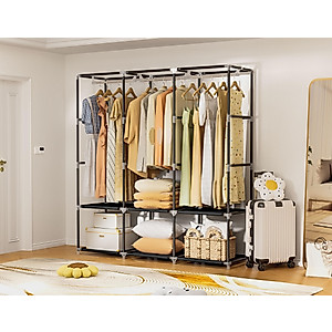 Neatrays Wardrobe Closet，Portable Closets for Hanging Clothes,Free Standing Clothes Rack with Cover & 3 Hanging rods & 6 Storage Shelves & 2 Side Pockets