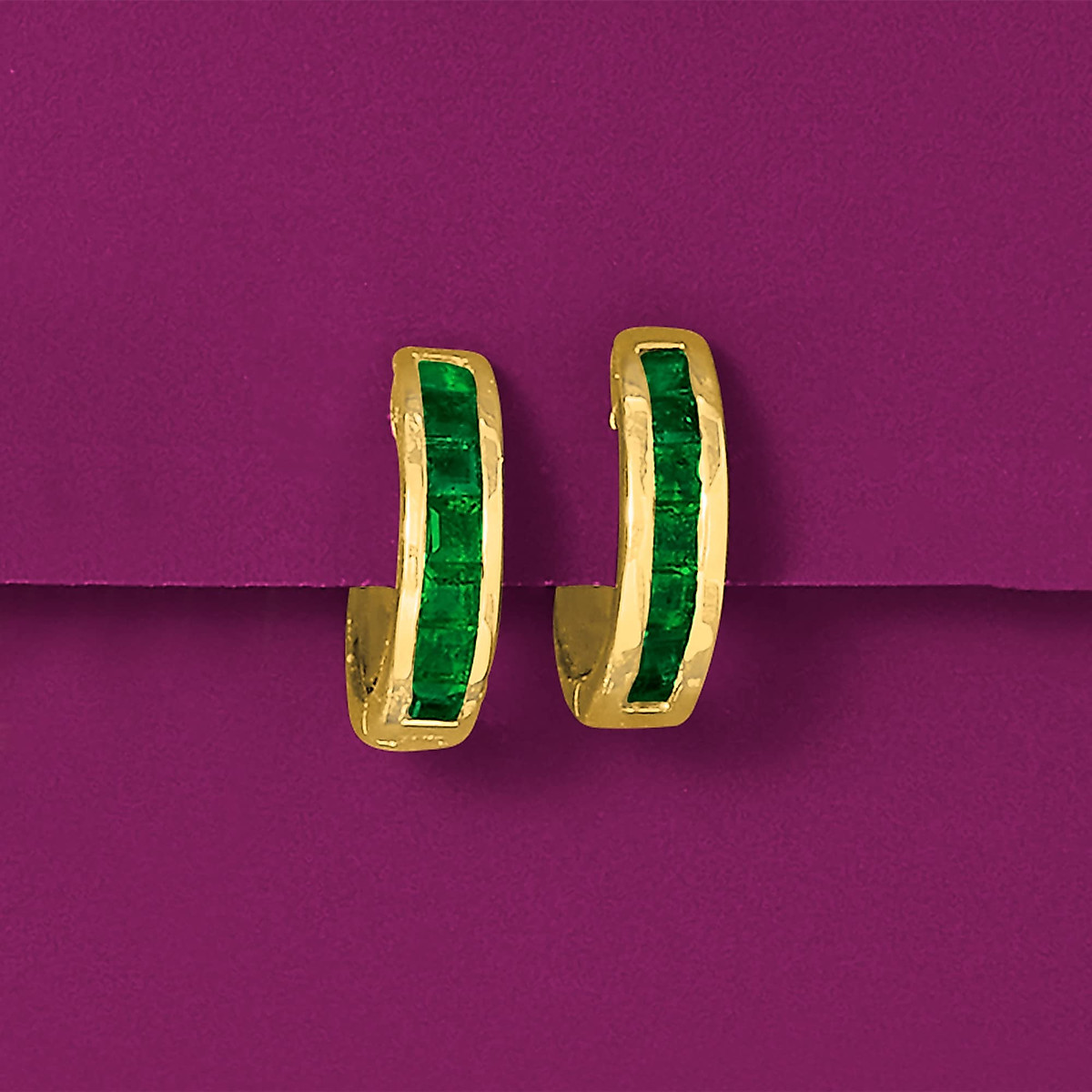 Ross-Simons 0.60 ct. t.w. Square-Cut Emerald Huggie Hoop Earrings in 14kt Yellow Gold