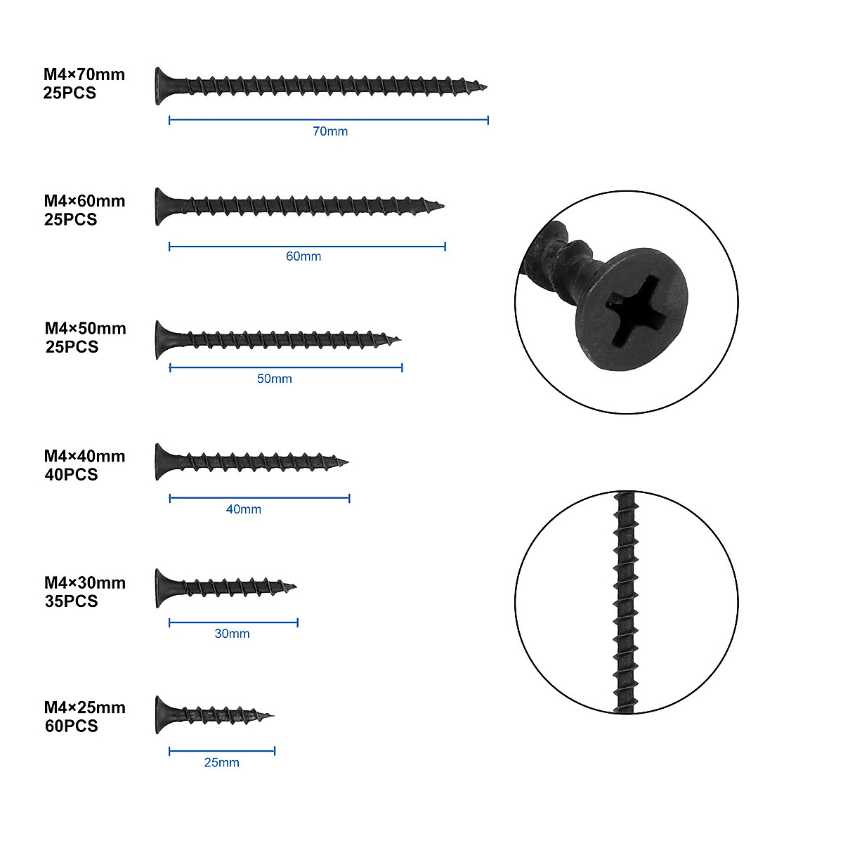 WELLOCKS Drywall Screws 215 PCS M4×25mm to 70mm Wood Screws Self Tapping Assortment Steel Black Bugle Head Coarse Phillips Sharp Point Fast Drilling for Home Handmade Repair Installation(D179)