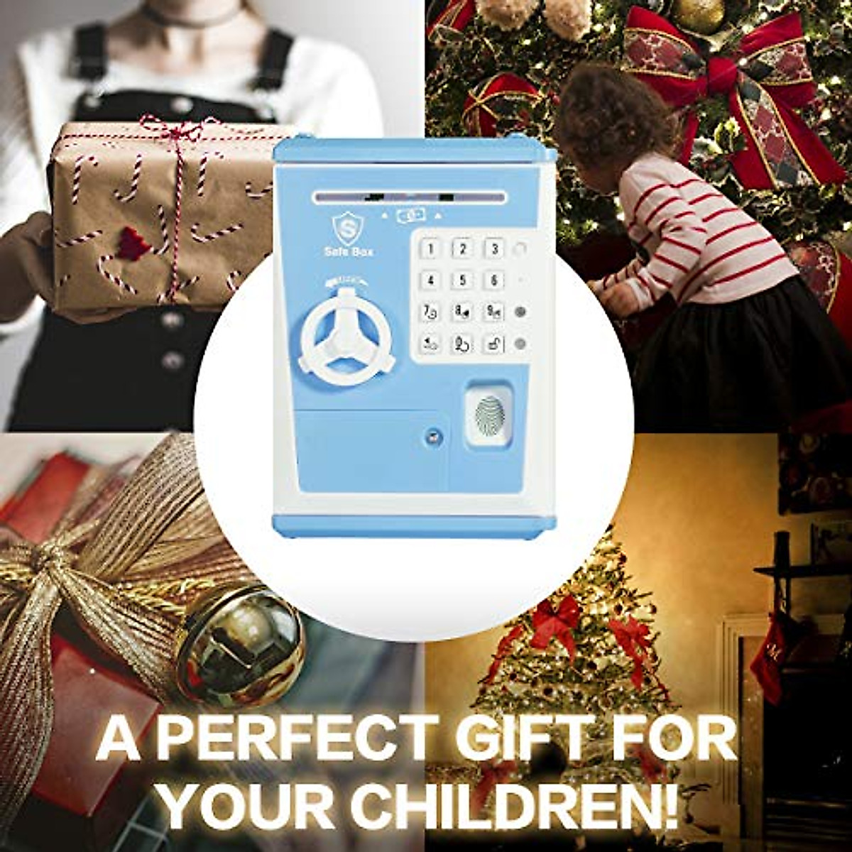 Lyght Mini ATM Savings Bank for Real Money, Voice Piggy Banks, Fingerprint Password, Kids Safe Coin Money Box, Blue
