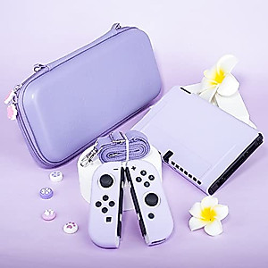 RHOTALL Solid Color with Sakura Embossing Carrying Case for Nintendo Switch OLED, Potable Case for Switch OLED with Soft Case, Screen Protector, 4 Thumb Caps, Wrist band and Shoulder strap - Purple