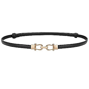 WERFORU Women Skinny Belt for Dress,Thin Waist Belt - Adjustable Leather Belt with Gold Buckle, Black, Fit Waist Size below 37 Inches
