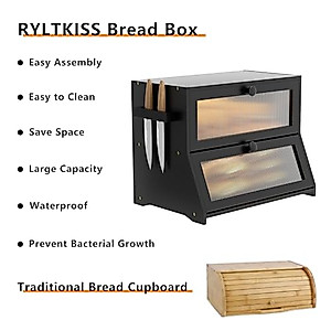 RYLTKISS Bread Box, Large Bread Box with Knife Holder, Large Bread Storage Container for Homemade Bread, Wood Breadbox Organizer for Kitchen Counter Corner, Cabinet, Pantry, Cupboard (Black)
