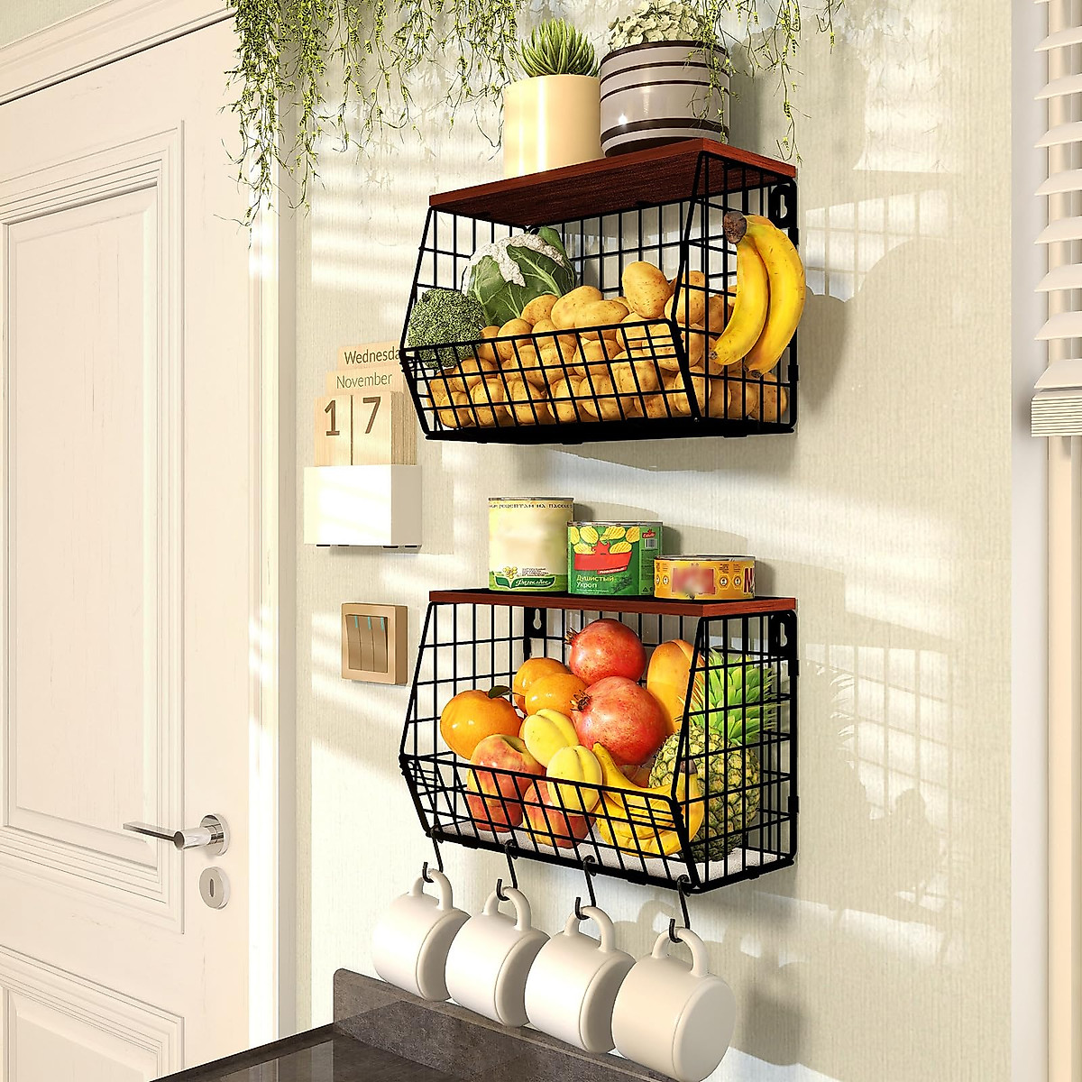Mefirt 2pcs Fruit Basket Onion Storage Wire Baskets with Wood Lid, Stackable Wall-mounted & Countertop Tiered Kitchen Counter Organizer for Snack, Fruit and Vegetable Storage, 11.8 * 7.9 * 8.5 Inches