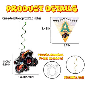 Monster Truck Birthday Party Supplies Pack Monster Truck Party Decorations including Triangle Monster Truck Happy Birthday Banner, 10pcs Monster Truck Hanging Swirls for Kid‘s Birthday