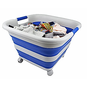 SAMMART 39L (10.3 Gallons) Collapsible Plastic Laundry Basket with Wheels-Foldable Pop Up Storage Container (1, Grey/Purplish Blue)