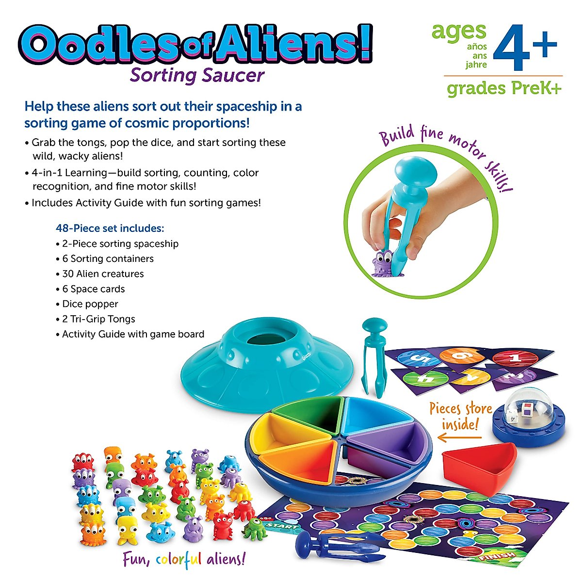 Learning Resources Oodles of Aliens Sorting Saucer, Fine Motor Skills, Counting and Sorting Toys, Preschool Games, Educational Toys, 48 Pieces, Ages 4+