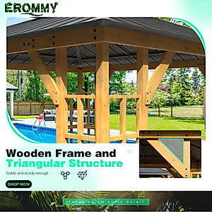 EROMMY 11' x 13' Wood Gazebo, Outdoor Hardtop Gazebo Pavilion with Spruce Solid Wooden Frame, Double Roof Metal Canopy for Patio Backyard Deck Garden