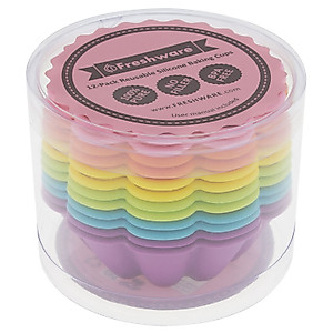 Freshware Silicone Baking Cups [12-Pack] Reusable Cupcake Liners Non-Stick Muffin Cups Cake Molds Cupcake Holder in 6 Rainbow Colors, Flower