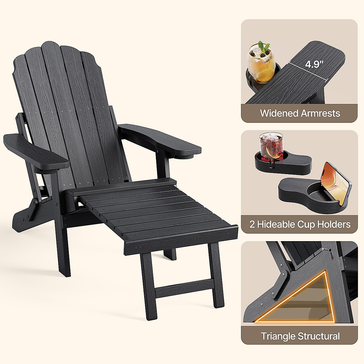Ahomly Adjustable Backrest Adirondack Chair with Ottoman & 2 Cup Holders, HIPS All-Weather Folding Adjustable Adirondack Chair, for Outdoor, Beach, Pool, Porch, Lawn, Black