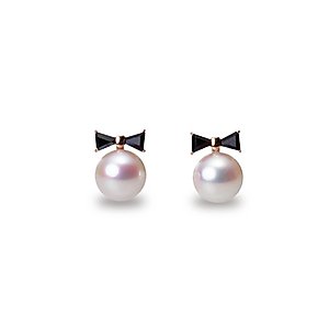 Japanese 7.0mm Akoya Cultured Pearl with Onyx Earrings for Women with 18K Pink Gold | Lovely Design Excellent Gift | Pearl Earrings