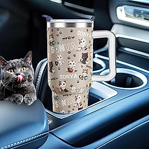 Mindunm 40 oz Cute Cat Tumbler with Handle and Straw Lid cat gifts for cat lovers for Women Double Insulated Cup Travel Coffee Mug
