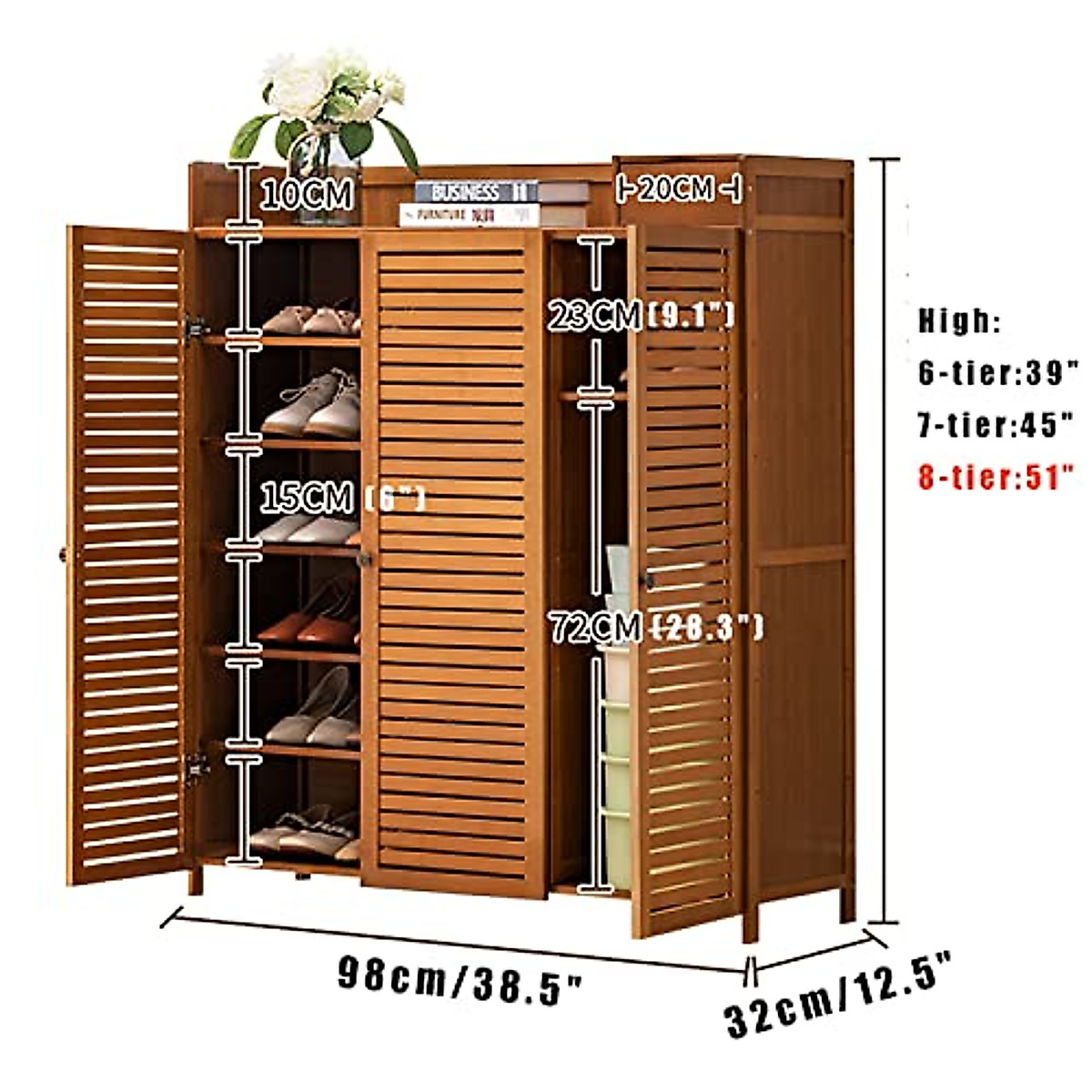 QQXX Bamboo Shoe Cabinet,Rustic Entryway Shoe Storage Cabinet Shoe Rack Cabinet,Shoes Cabinet with Doors and Drawer,Farmhouse Shoe Organizer for Hallway Bedroom Closet(39 * 13 * 51", Brown)