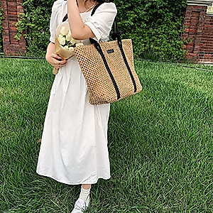 OWGSEE Straw Beach Bag, Summer Woven Tote Bag Large Shoulder Handbag Straw Purses and Handbags for Women Vacation (Khaki)