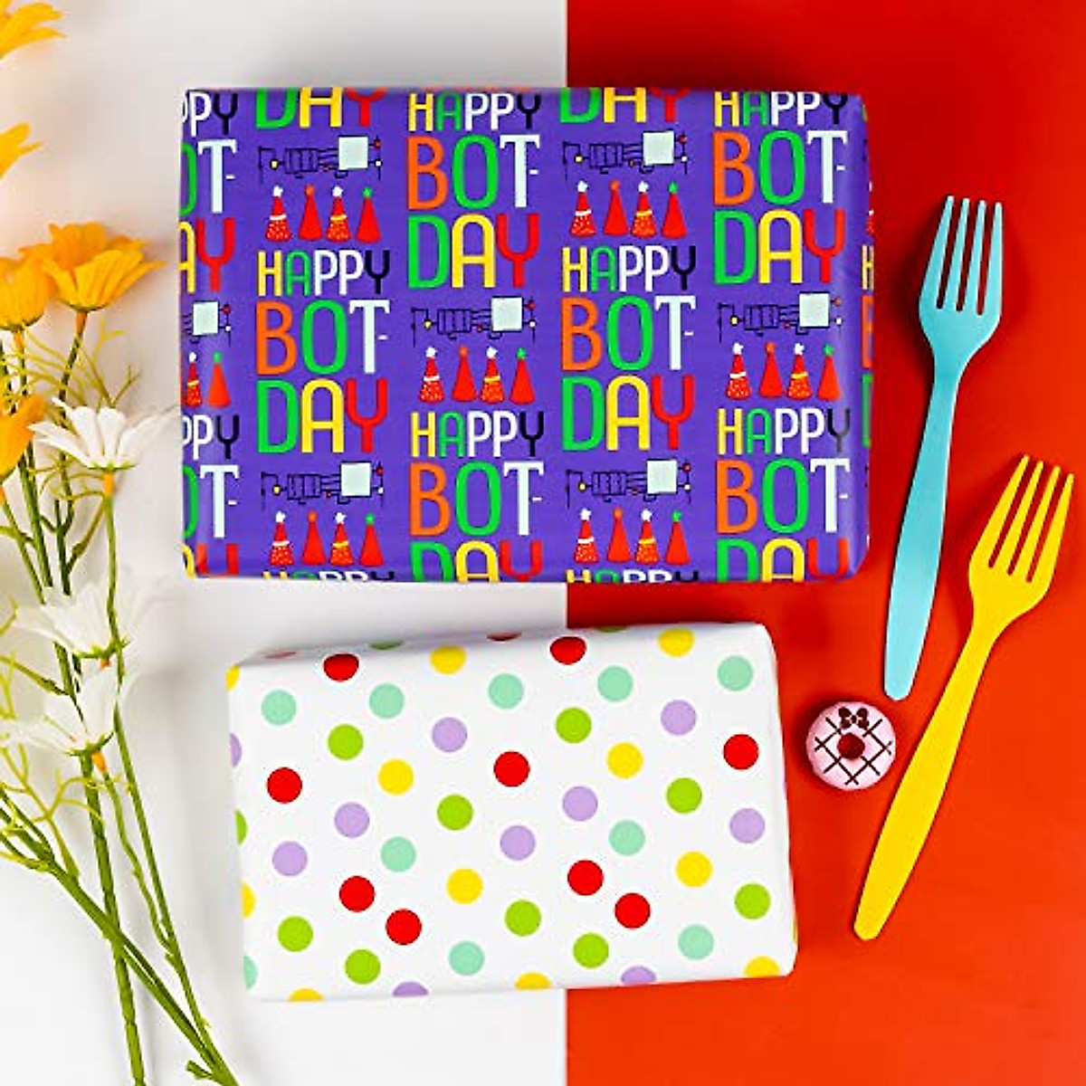 WRAPAHOLIC Reversible Wrapping Paper - 24 inch X 65.6 feet Jumbo Roll Colorful Happy Bot Day Lettering Design, Perfect for Birthday, Party, Holiday, Baby Shower Packing