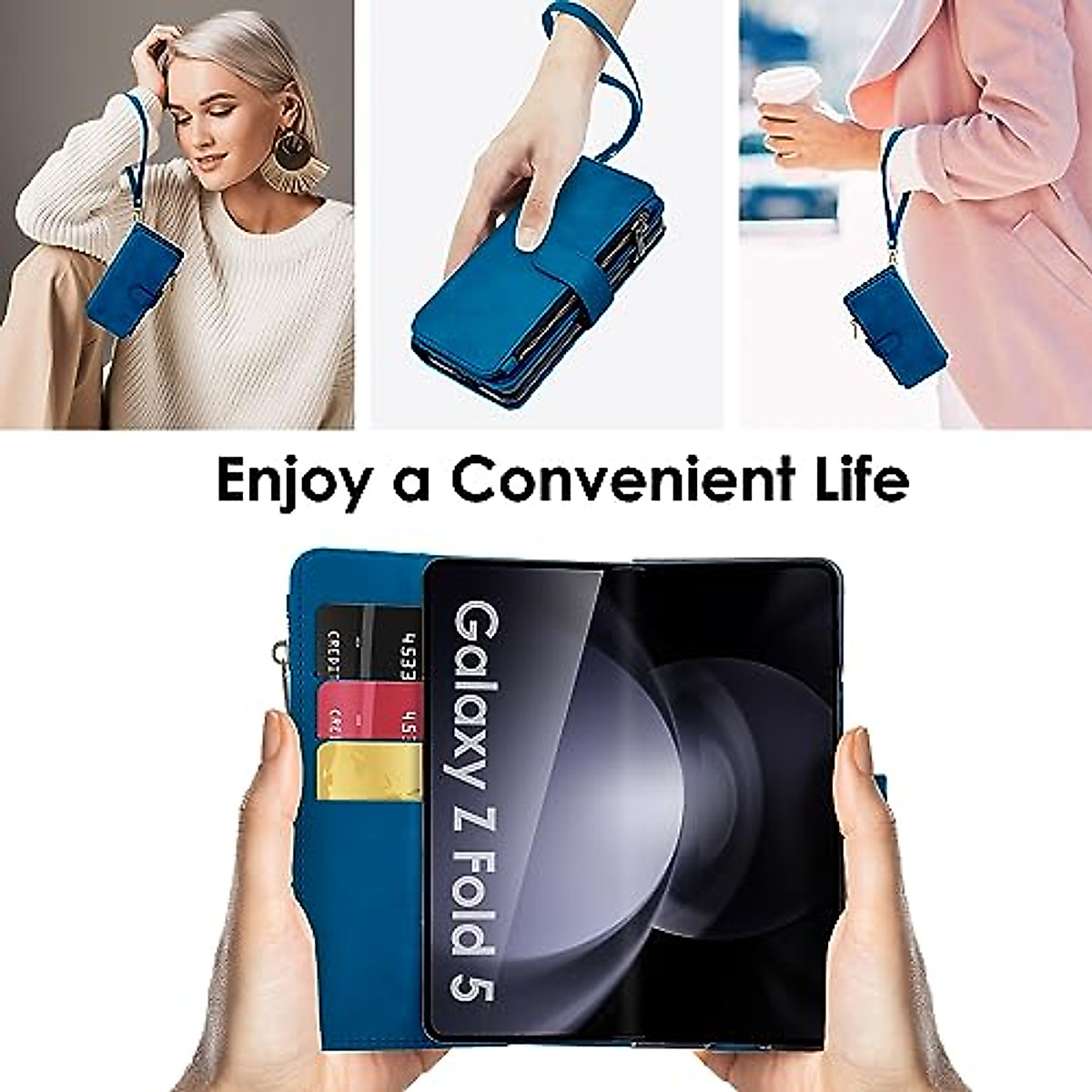 ZIULQIK for Samsung Galaxy Z Fold 5 Case, PU Leather Z Fold 5 Wallet Cases with S Pen Holder & Wrist Crossbody Strap & Card Holder Blue