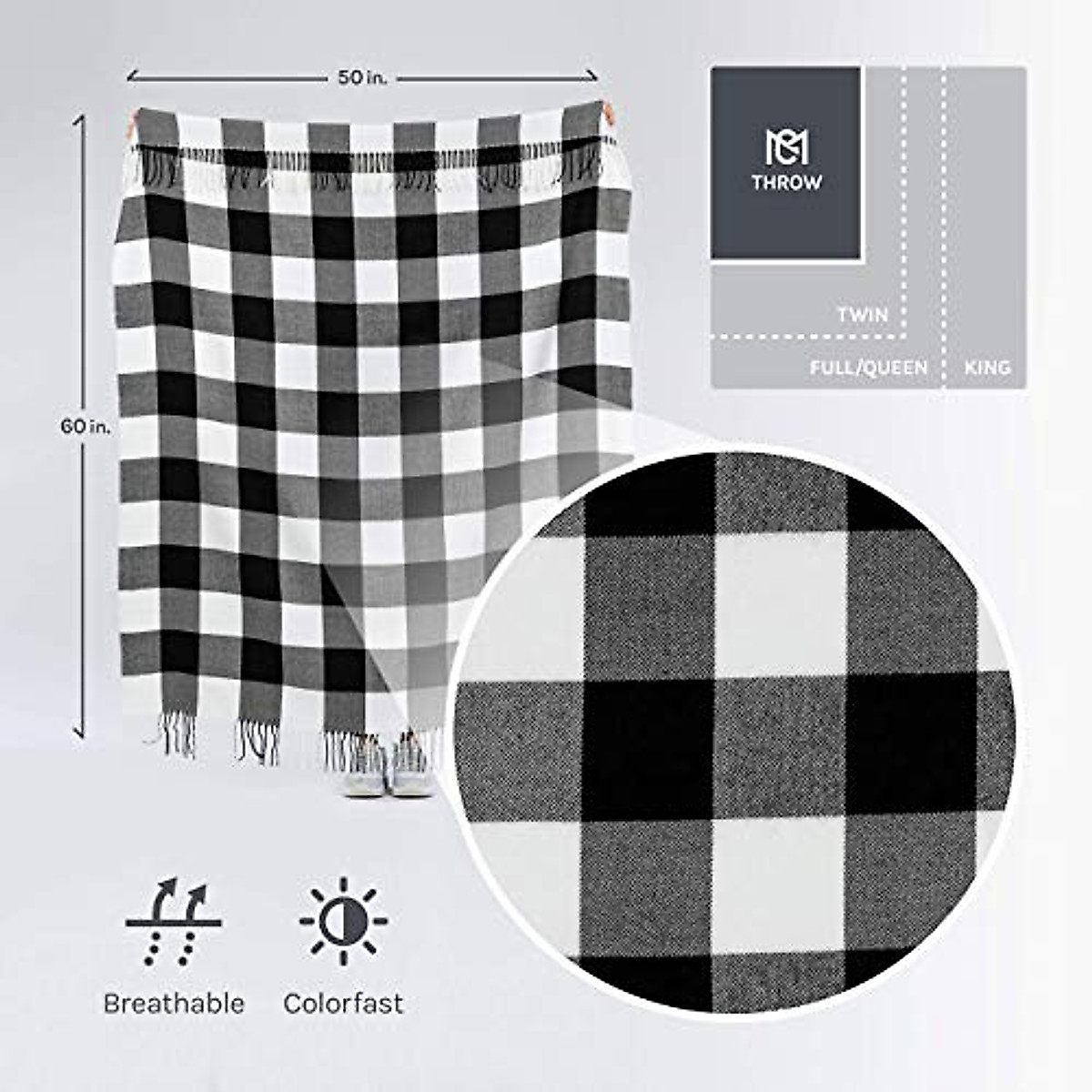 Buffalo Plaid Throw Blanket for Couch - Farmhouse Throw with Check Pattern - Soft Woven with Decorative Fringe - Lightweight for Bed, Sofa, Chair, Office, Outdoor - 50 x 60 in. (Black)