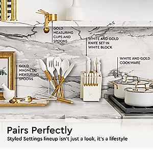 STYLED SETTINGS White Silicone and Gold Kitchen Utensils Set for Modern Cooking and Serving, Stainless Steel Gold Cooking Utensils and Gold Serving Utensils- Luxe White and Gold Kitchen Accessories