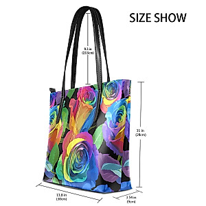 MNSRUU Tote Bag for Women Multicolored Roses On Black Background Tote Bag Purses and Handbags Shoulder Bag Big Capacity PU Leather Handbag Womens Tote Bags for Work