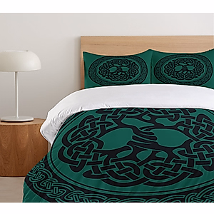 Ambesonne Celtic Duvet Cover Set, Monochrome Tree of Life Illustration Timeless European Motif, Decorative 3 Piece Bedding Set with 2 Pillow Shams, King Size, Forest Green Black