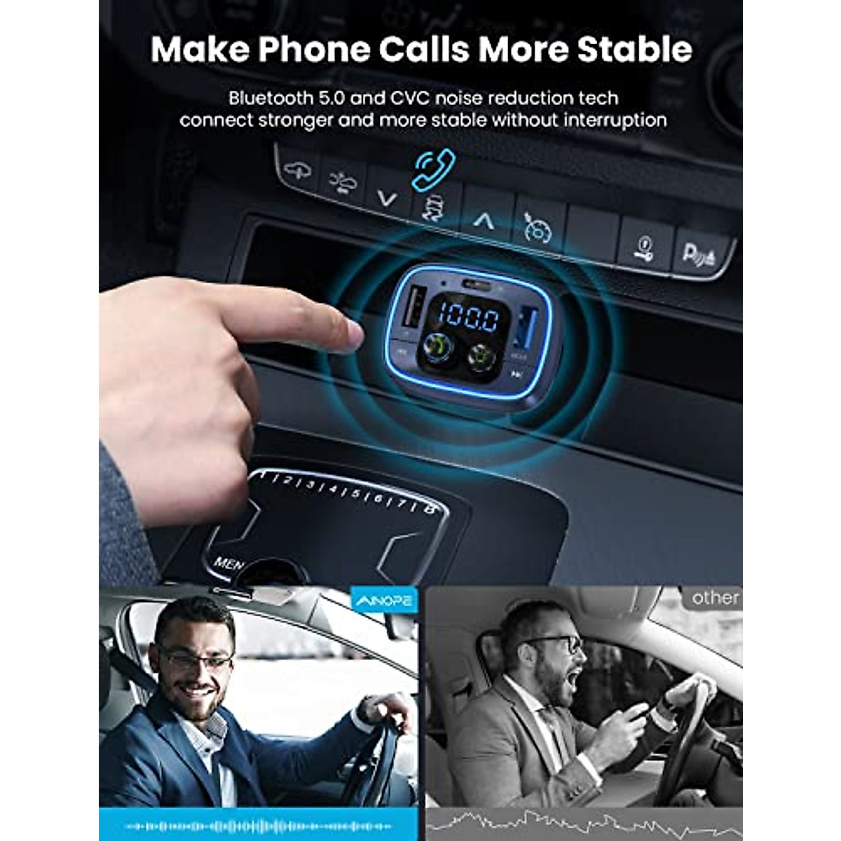 AINOPE Fm Transmitter Bluetooth Car Adapter, 36W/6A PD&QC3.0 Bluetooth Radio Transmitter Car Adapter, 7-Colors LED Backlit V5.0 Bluetooth Adapter Car, Wireless Call - Blue