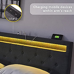 Alohappy Queen Bed Frame with 4 Storage Drawers & LED Lights & Adjustable Headboard, Upholstered Platform Bed Frame Queen Size with 2 USB Ports, No Box Spring Needed, Dark Grey