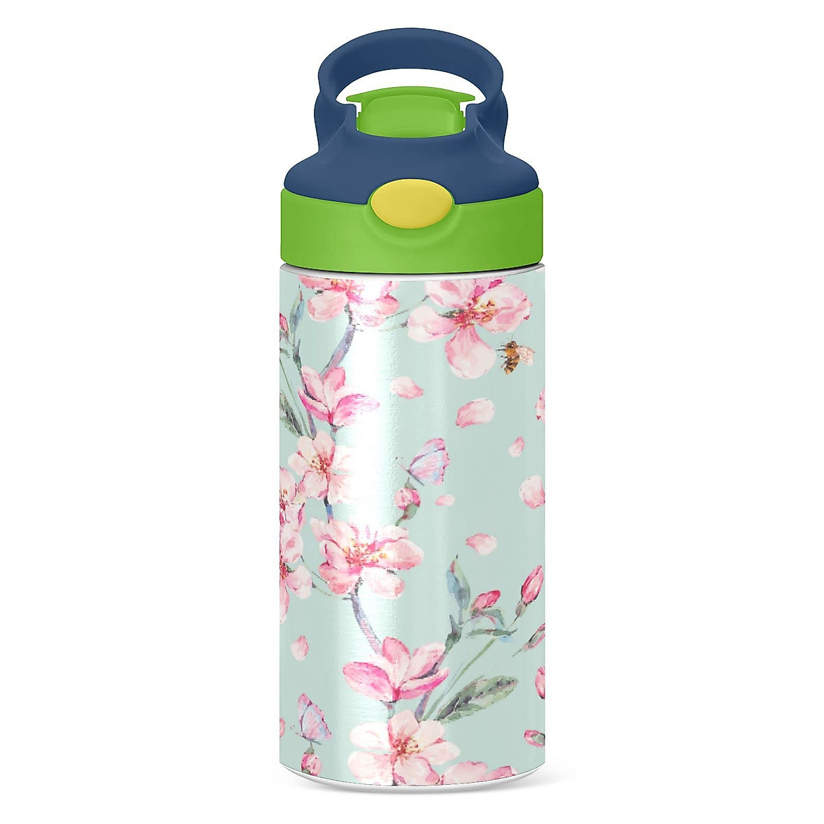 Pink Flowers Kids Water Bottle, BPA-Free Vacuum Insulated Stainless Steel Water Bottle with Straw Lid Double Walled Leakproof Flask for Girls Boys Toddlers, 12Oz