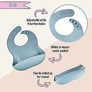 littlesol Baby Led Weaning Supplies - Complete Silicone Baby Feeding Set - Includes Baby Plate, Spoon, Fork, Bib, Bowl, Water & Snack Cup - Food Grade Silicone BPA Free - Dishwasher Safe (Dusty Blue)
