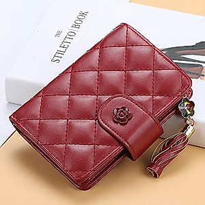 Women Bifold Leather Wallet Nlocking Ladies With Card Holder Window Coin Purse (Red)