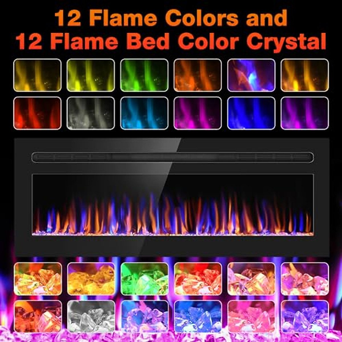 Upesitom 50" Electric Fireplace Insert Recessed & Wall Mounted, 750/1500W Linear Electric Fireplace Insert with 12 Adjustable Flame Colors, Bracket, Timer, Remote Control