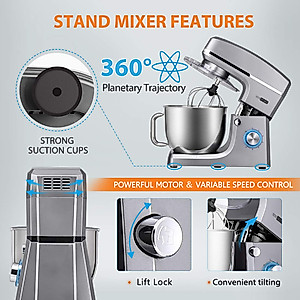 VIVOHOME 7.5 Quart Stand Mixer, 660W 6-Speed Tilt-Head Kitchen Electric Food Mixer with Beater, Dough Hook, Wire Whip, and Egg Separator, Iron Gray