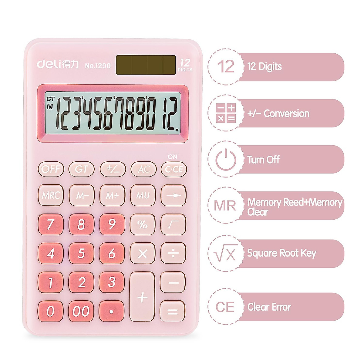 deli Standard Function Basic Calculator, 12 Digit Desktop Calculator with Large LCD Display, Solar Battery Dual Power Office Calculator, Pink