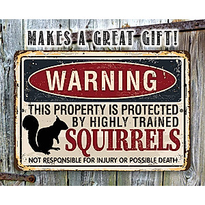 Metal Sign - Warning Property Squirrels - Durable Metal Sign - Use Indoor/Outdoor - Cute and Funny Garden Decor and Gift Under $20 (8" x 12")